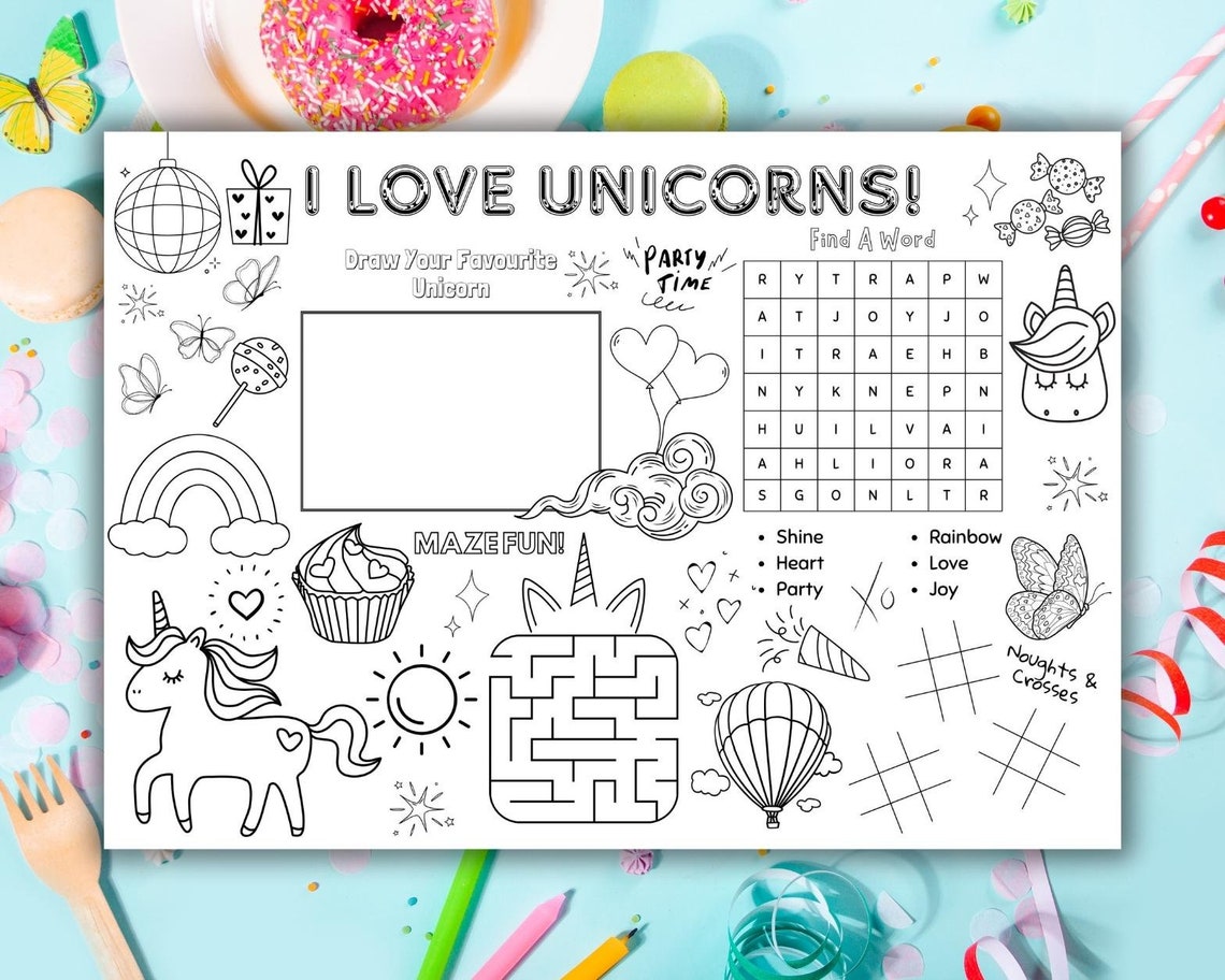 Unicorn Activities Placemat for Kids Party Kids Activity Bundle ...
