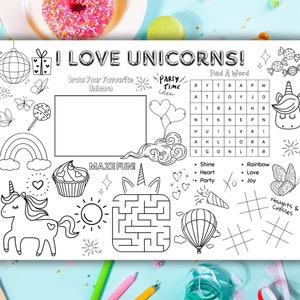 Unicorn Activities Placemat for Kids Party Kids Activity Bundle ...