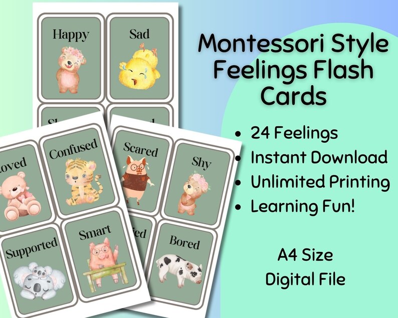 24 Feelings Emotions Flashcards Instant Download Montessori Learning ...