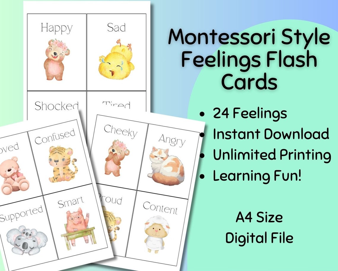 24 Feelings Emotions Flashcards Instant Download Montessori Learning ...