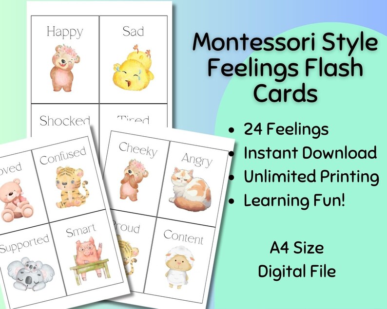 24 Feelings Emotions Flashcards Instant Download Montessori Learning ...