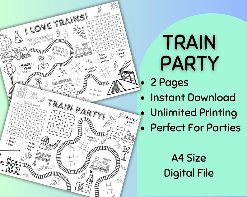 Train Activities Placemat for Kids Party | Kids Activity Bundle ...