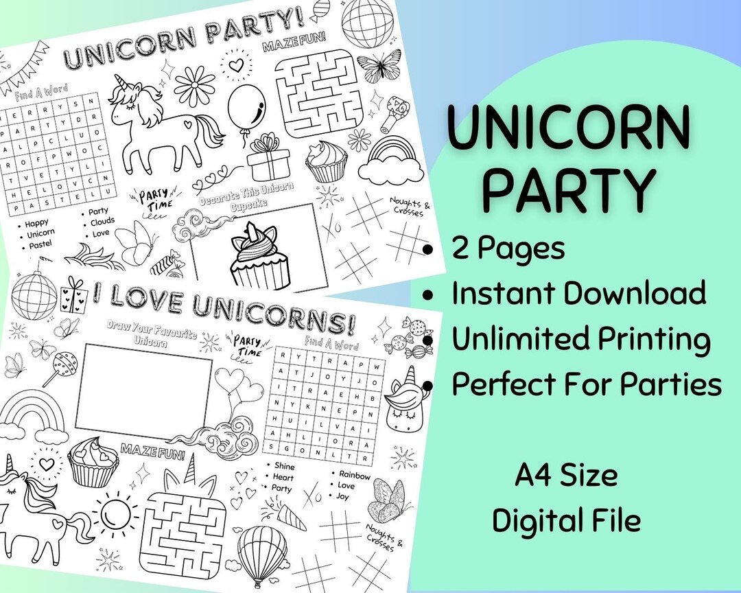 Unicorn Activities Placemat for Kids Party Kids Activity Bundle ...