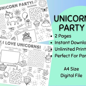 Unicorn Activities Placemat for Kids Party Kids Activity Bundle ...