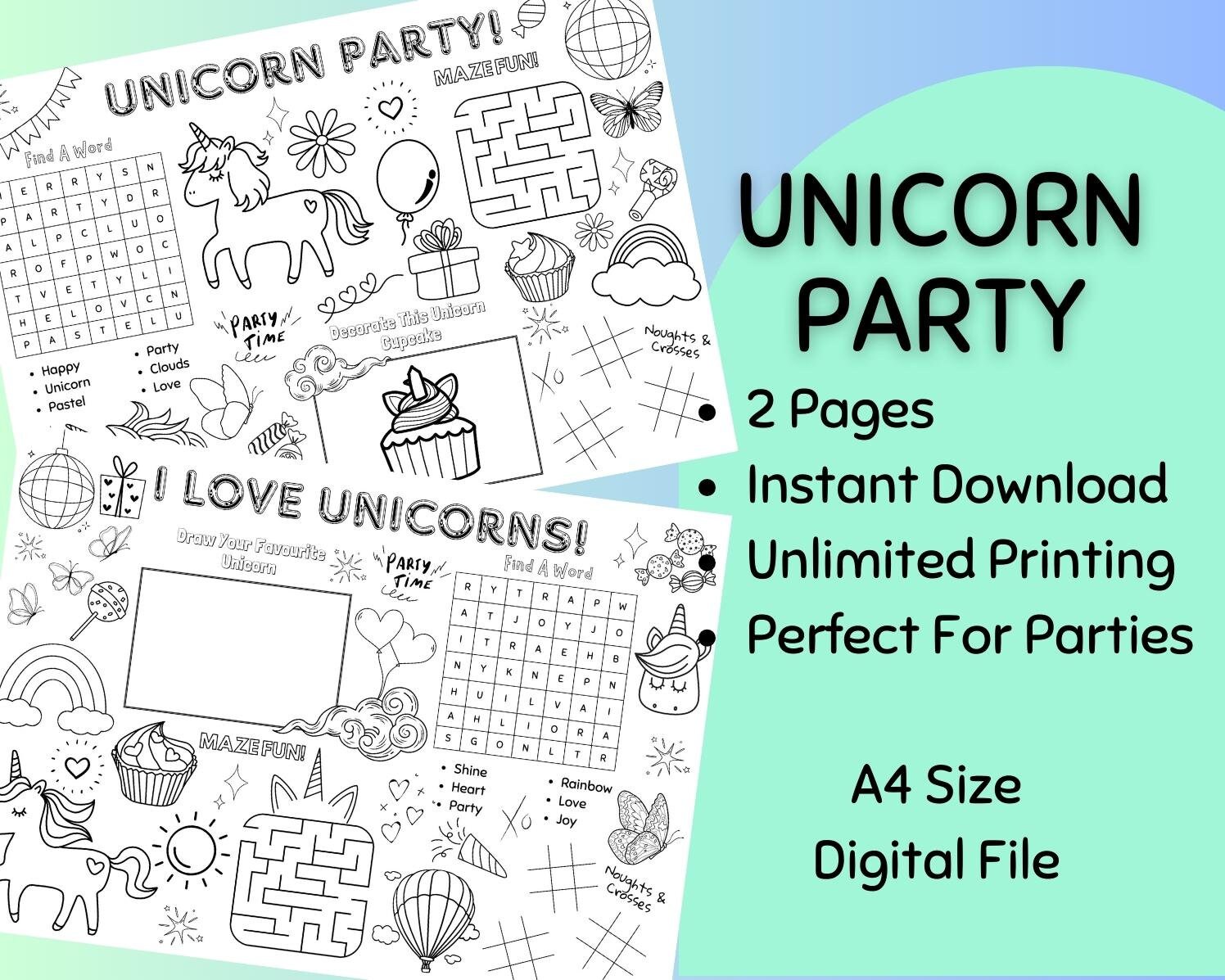 Unicorn Activities Placemat for Kids Party Kids Activity Bundle ...