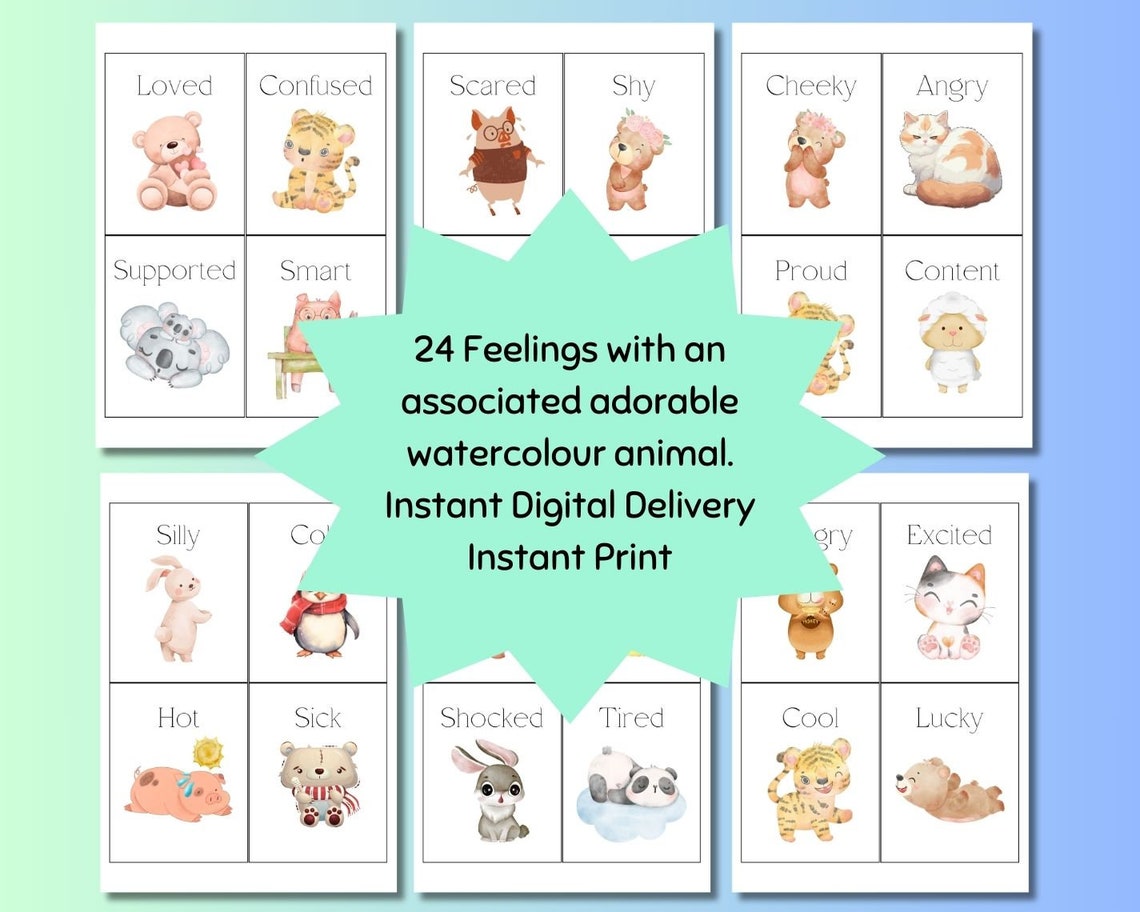 24 Feelings Emotions Flashcards Instant Download Montessori Learning ...