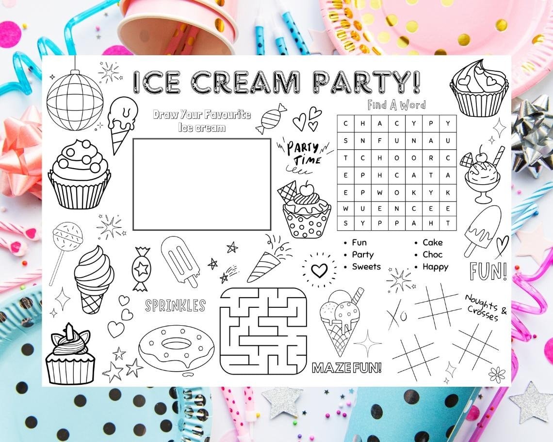 Ice Cream Activities Placemat for Kids Party | Kids Activity Bundle ...