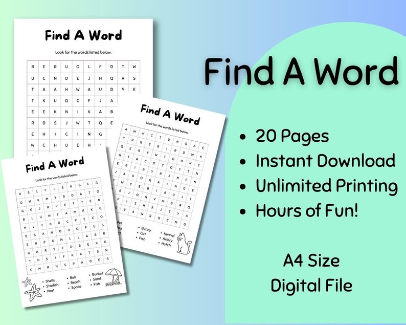 20 Printable Activities for Kids | Find A Word Activity Bundle ...