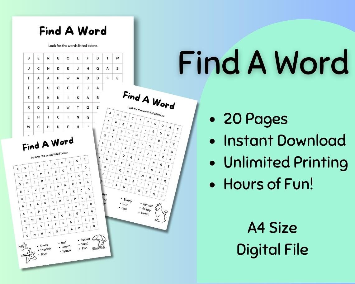 20 Printable Activities for Kids | Find A Word Activity Bundle ...