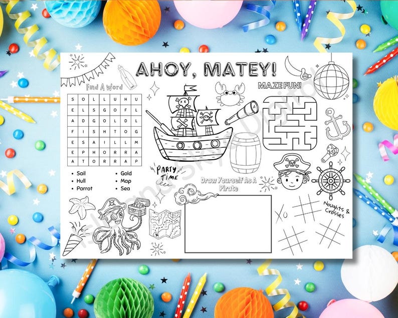 Pirate Party Activities Placemat for Kids Party | Kids Activity ...