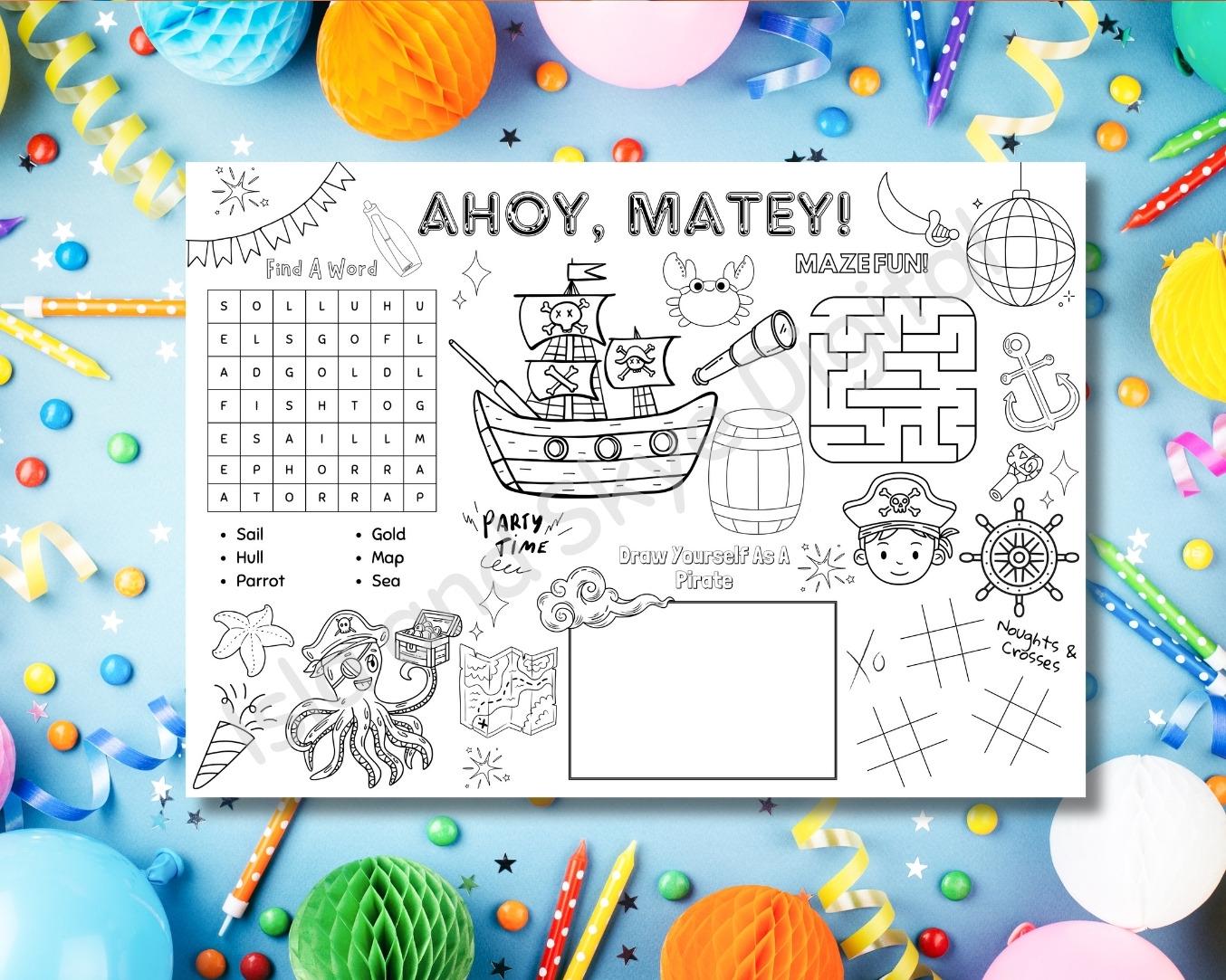 Pirate Party Activities Placemat for Kids Party | Kids Activity ...