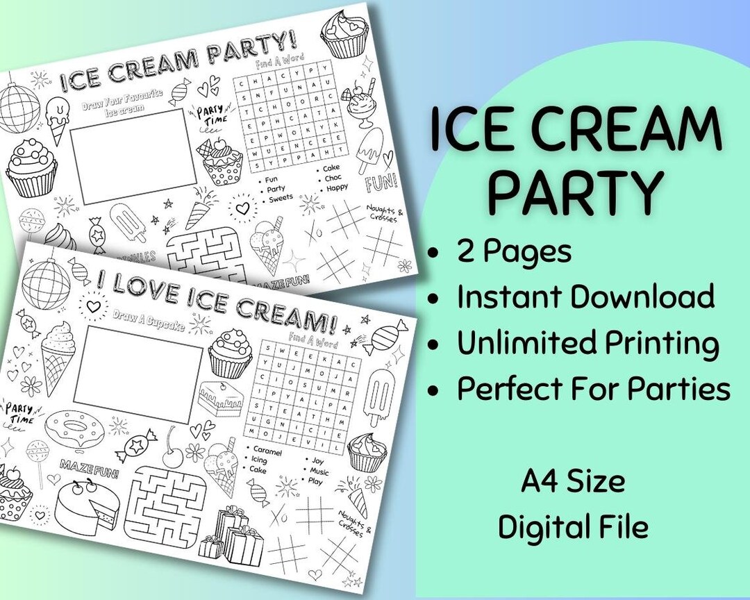 Ice Cream Activities Placemat for Kids Party | Kids Activity Bundle ...