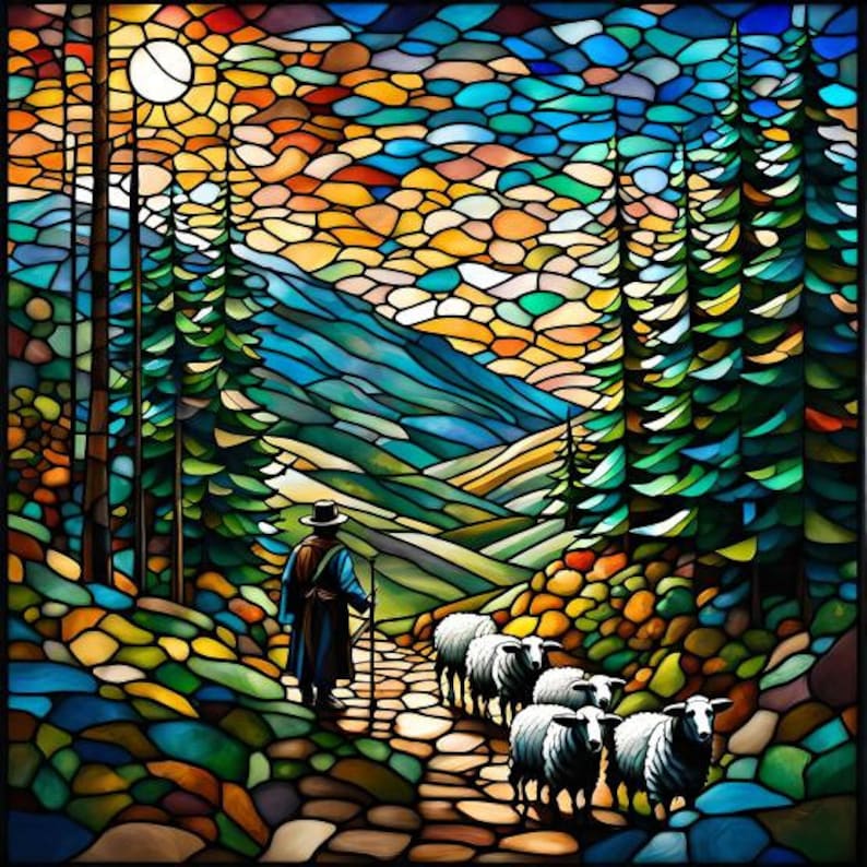 A Shepherd With His Sheep on a Mountain - Stained Glass Style - Digital ...