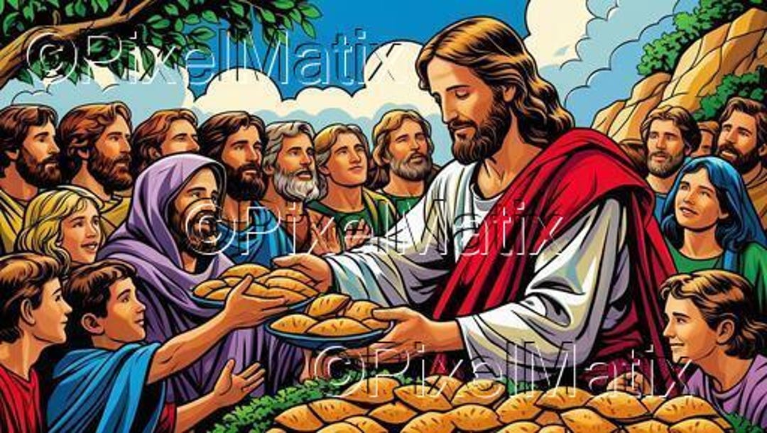 Jesus Feeding the Five Thousand With Five Loaves of Bread and Two Fish ...