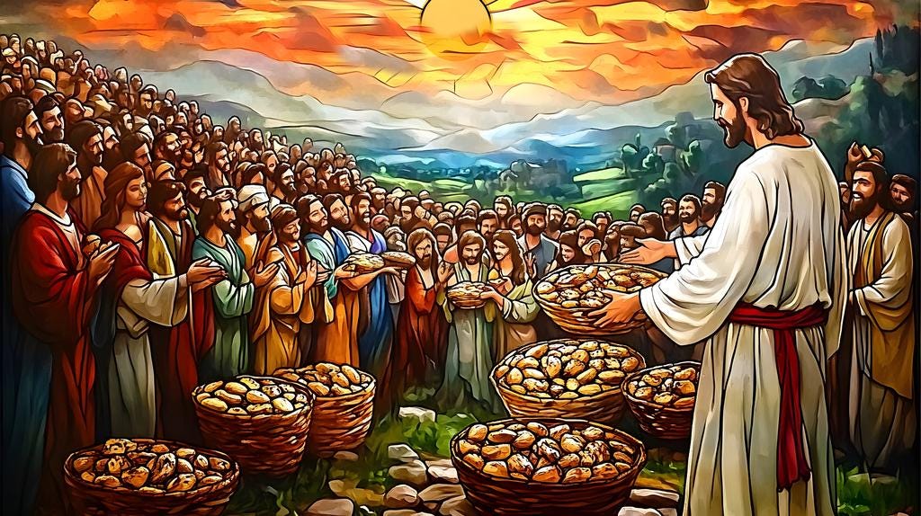 Jesus Feeding the Five Thousand With Five Loaves of Bread and Two Fish - Painting of Divine ...