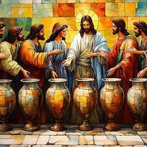 Jesus Turning Water Into Wine at the Wedding Feast in Cana, Galilee: an ...