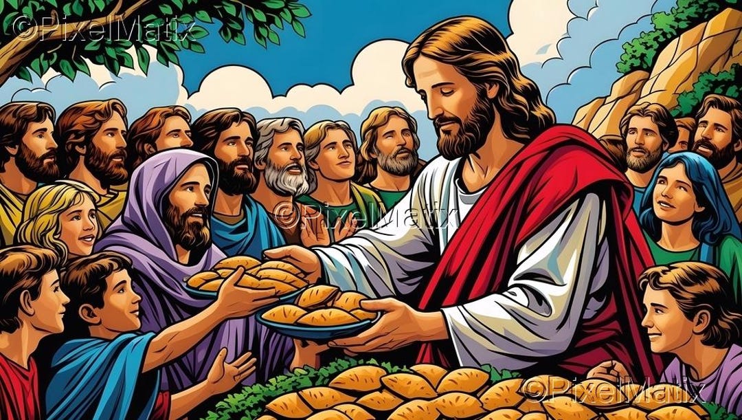 Jesus Feeding the Five Thousand With Five Loaves of Bread and Two Fish ...