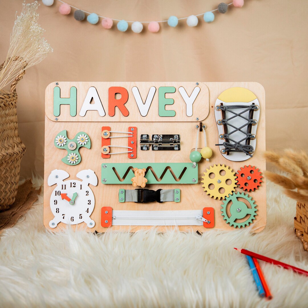 Personalized Khaki Busy Board for Toddler, Kids, Wooden Toys, Baby ...
