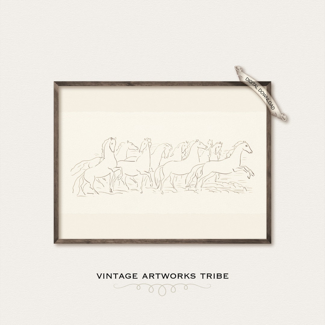 Running Horses Sketch Brown Ink Drawing Remastered Vintage Artwork ...