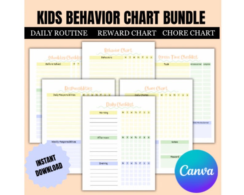 Behavior Reward Chart, Allowance Chart, Kids Behavior Chart Editable ...
