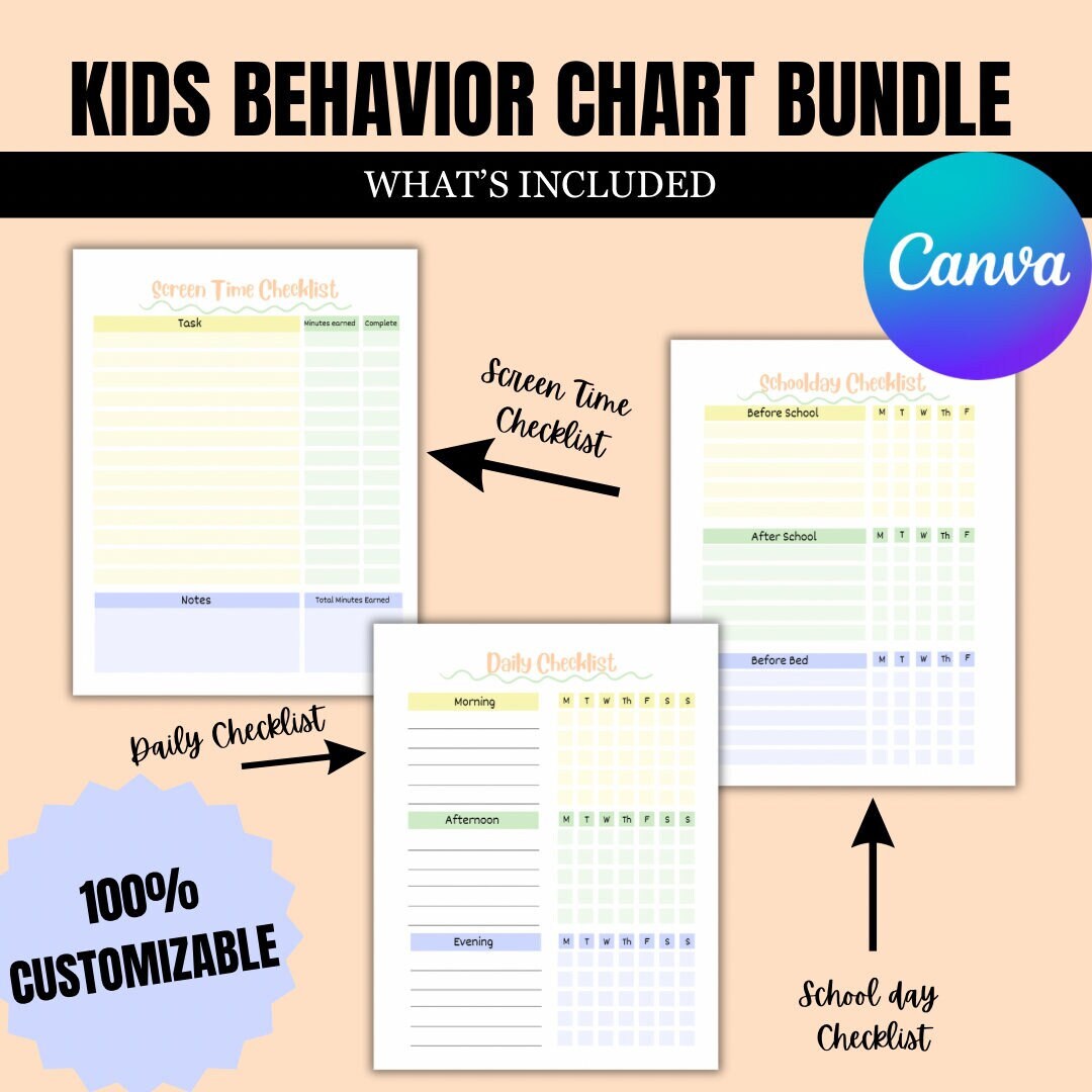 Behavior Reward Chart, Allowance Chart, Kids Behavior Chart Editable ...