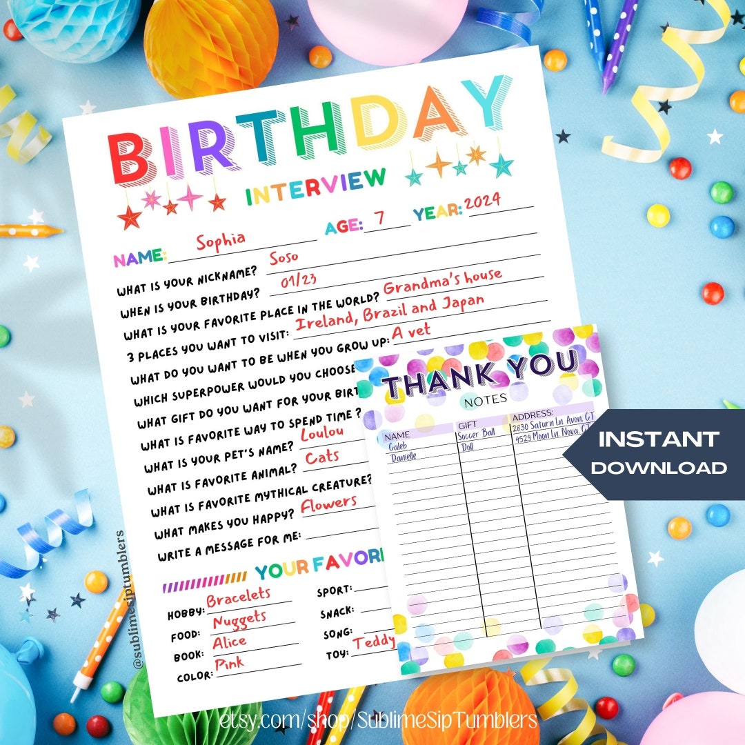 Birthday Interview Printable Combo Kids Printable Birthday Interview ...
