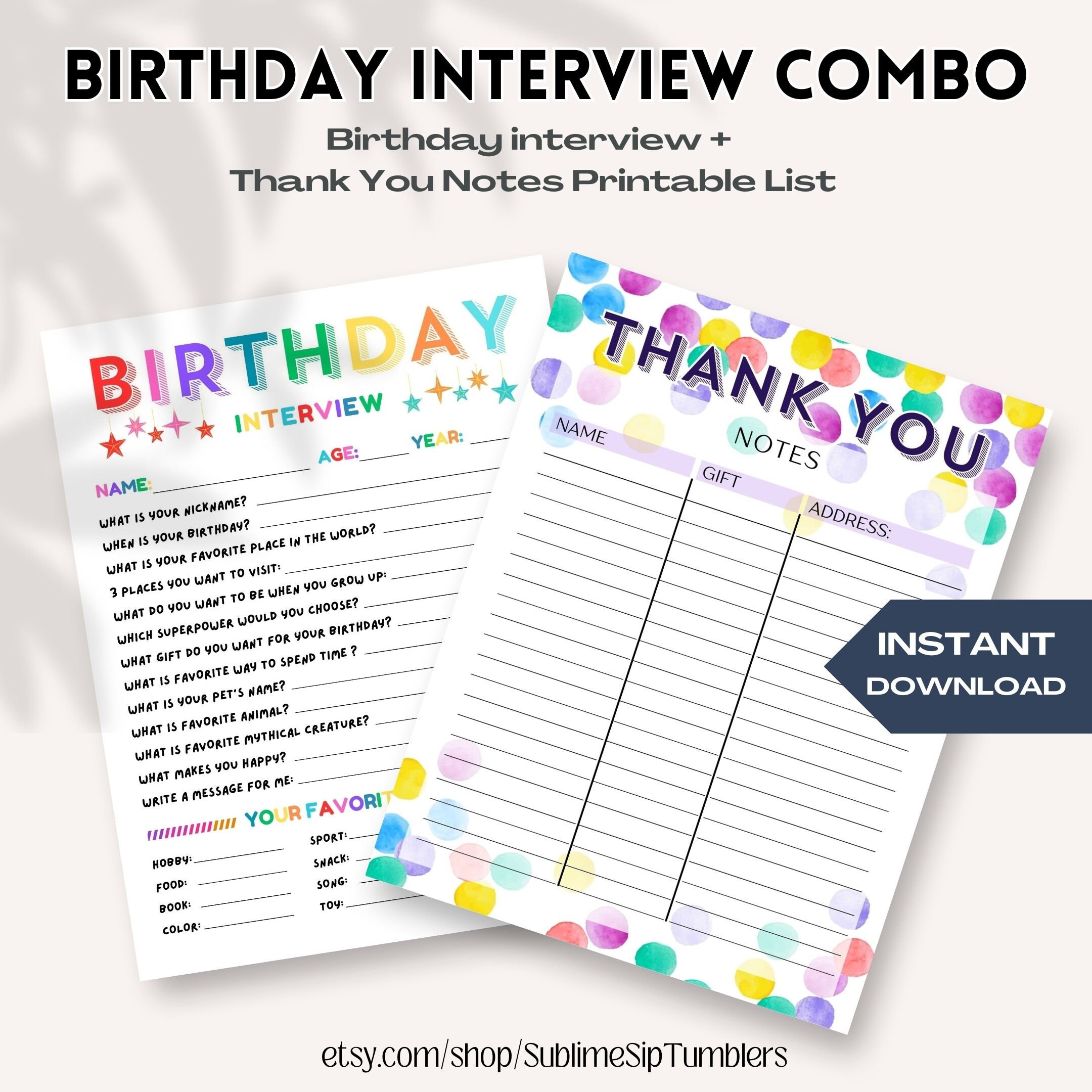 Birthday Interview Printable Combo Kids Printable Birthday Interview ...