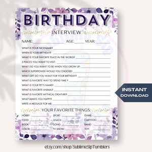 Birthday Interview Printable Combo Kids Printable Birthday Interview ...