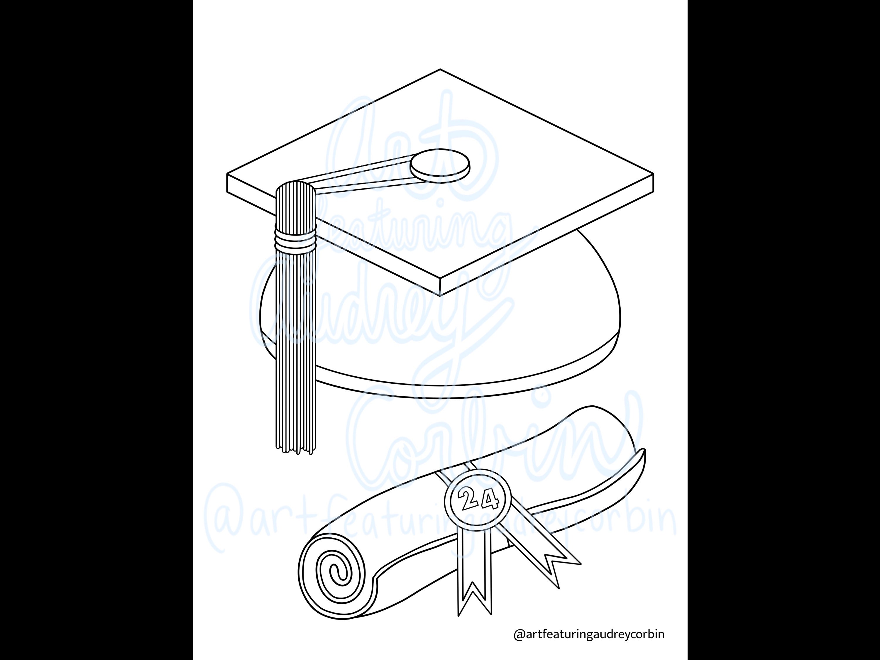 Graduation Cap and Diploma Graduation Coloring Page for Kids and Adults ...