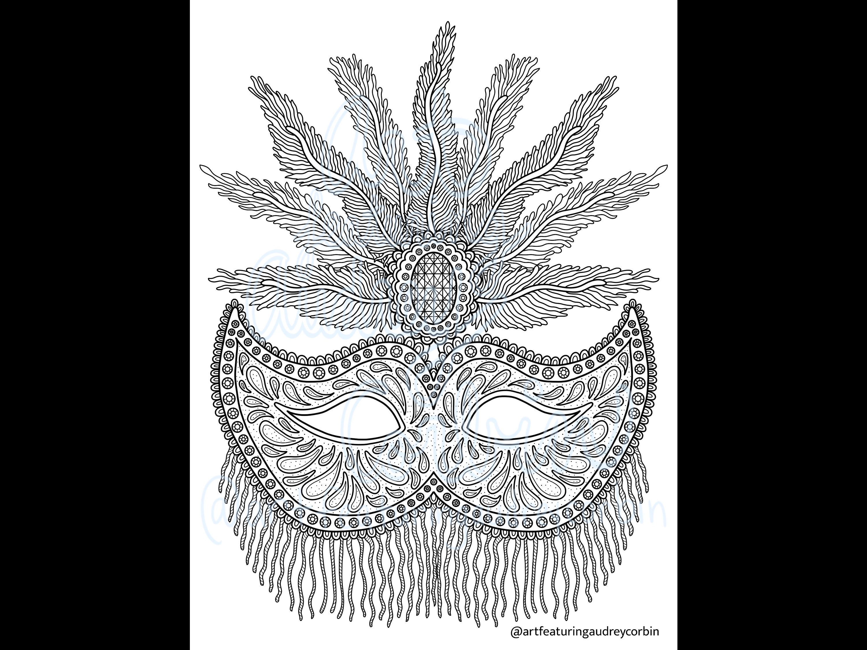 Mardi Gras Fancy Mask Coloring Page for Kids and Adults Instant ...