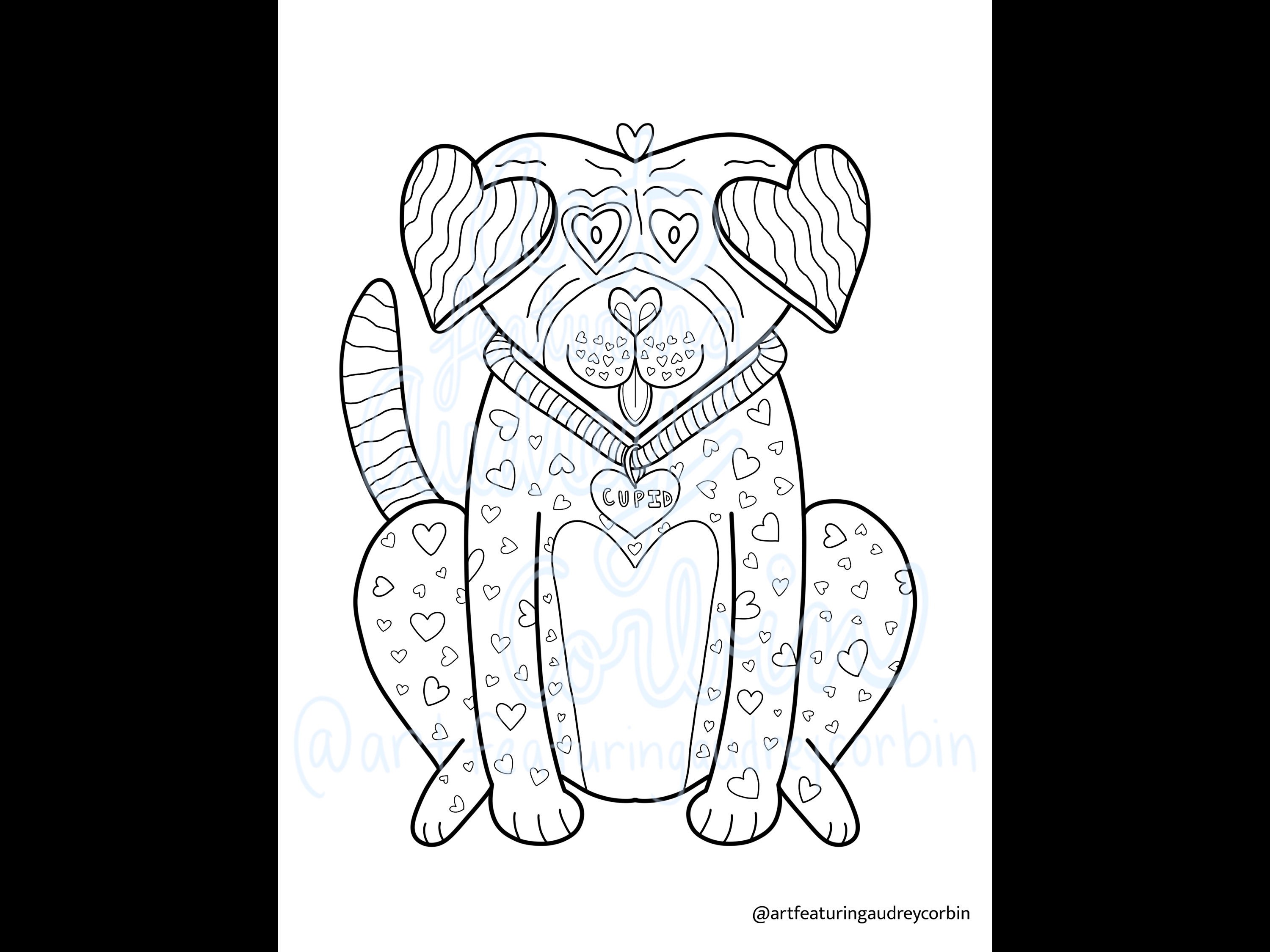 Valentine Heart Dog Coloring Page for Kids and Adults Instant Download ...