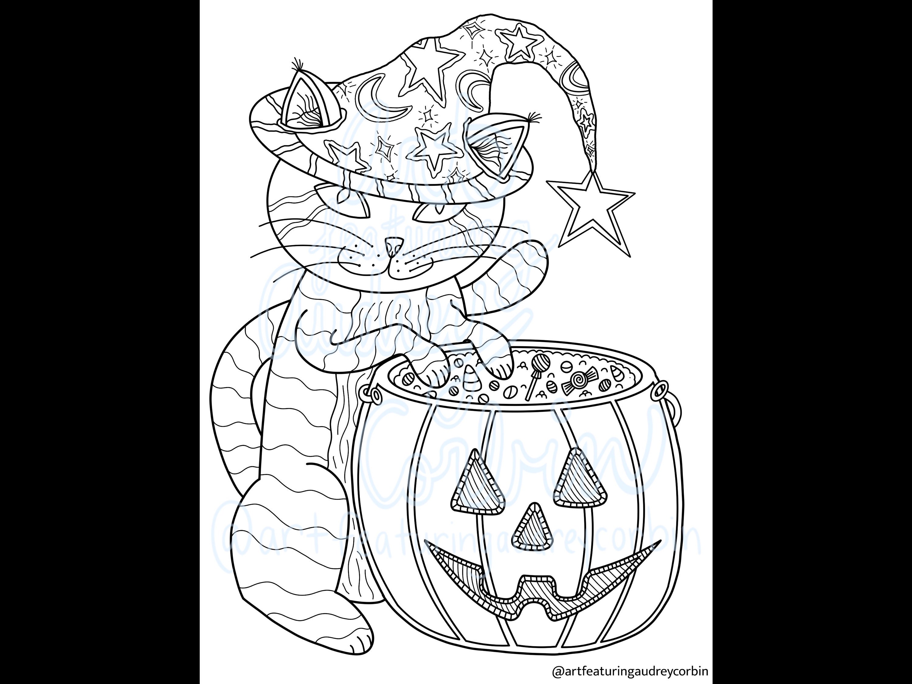 Black Cat Halloween Coloring Page for Adults and Kids Digital - Etsy