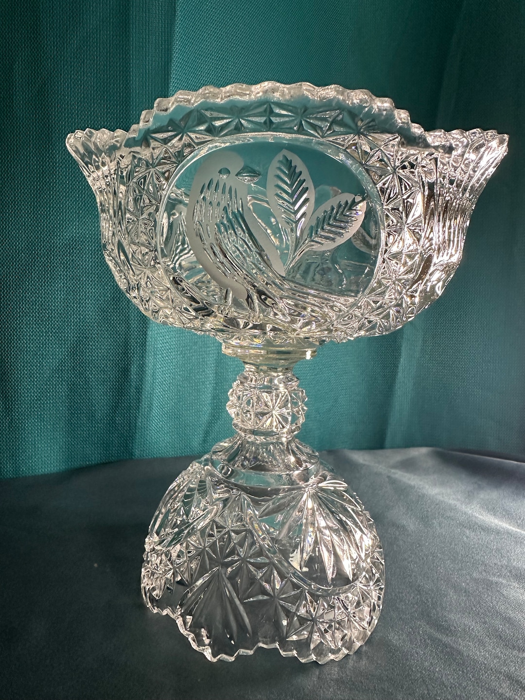 Vintages Crystal Compote With Etched Cut Birds Clear Glass - Etsy