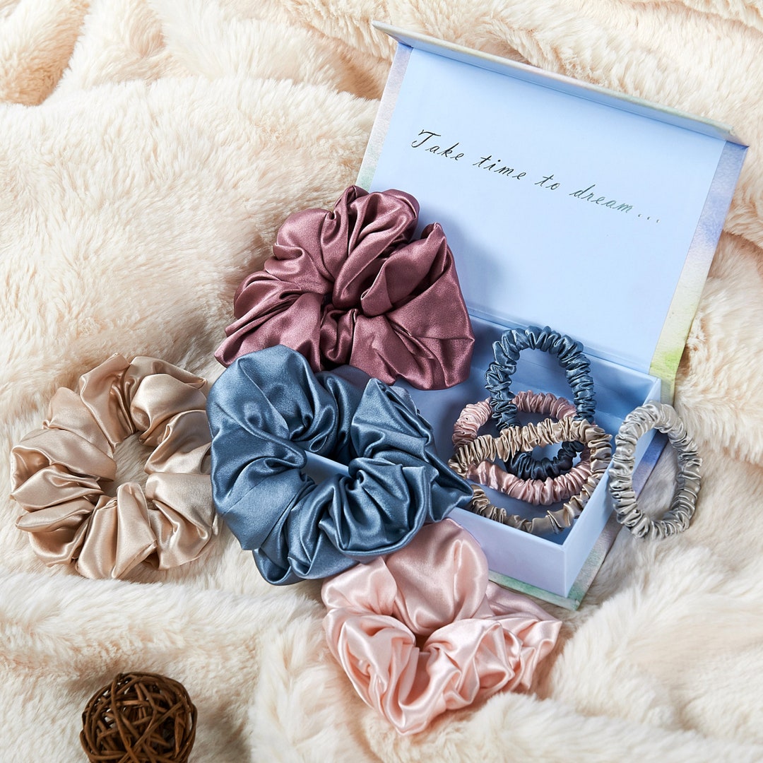 Box of 4 Real Silk Satin Scrunchie Pack, 22 Momme Mulberry Silk ...