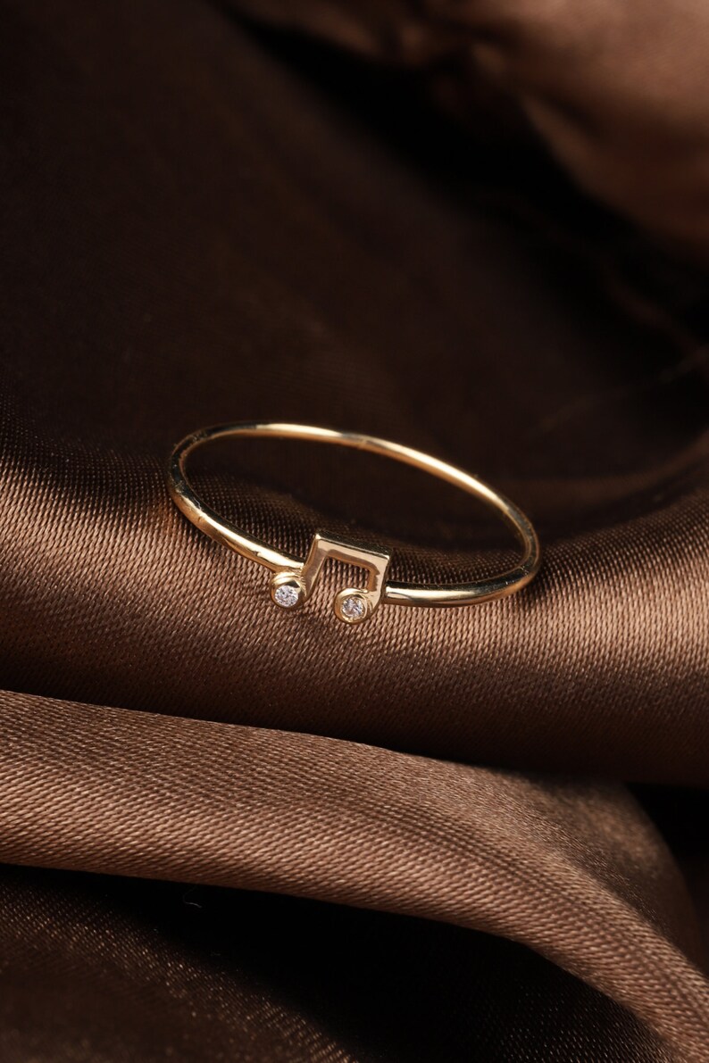 Minimalist 14K Gold Music Note Ring With Tiny Accents, Unique Designer ...