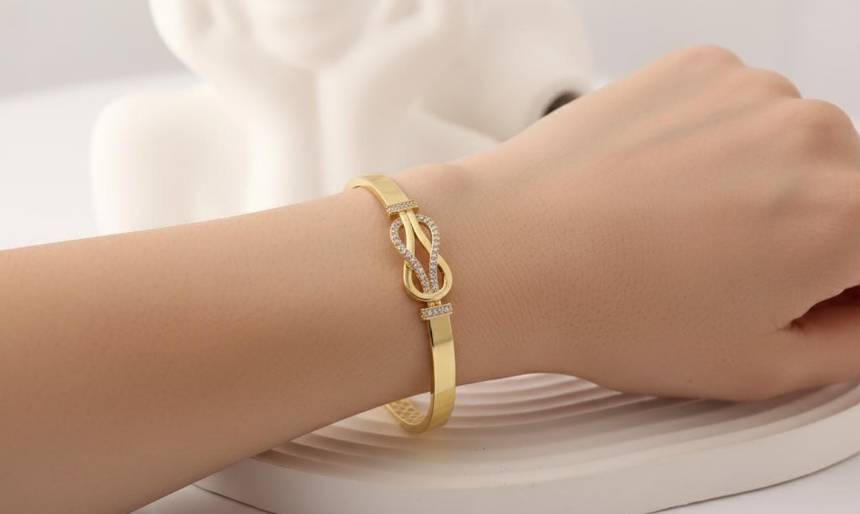 14k Solid Gold Infinity Knot Bangle With Zircon Detailing - Etsy