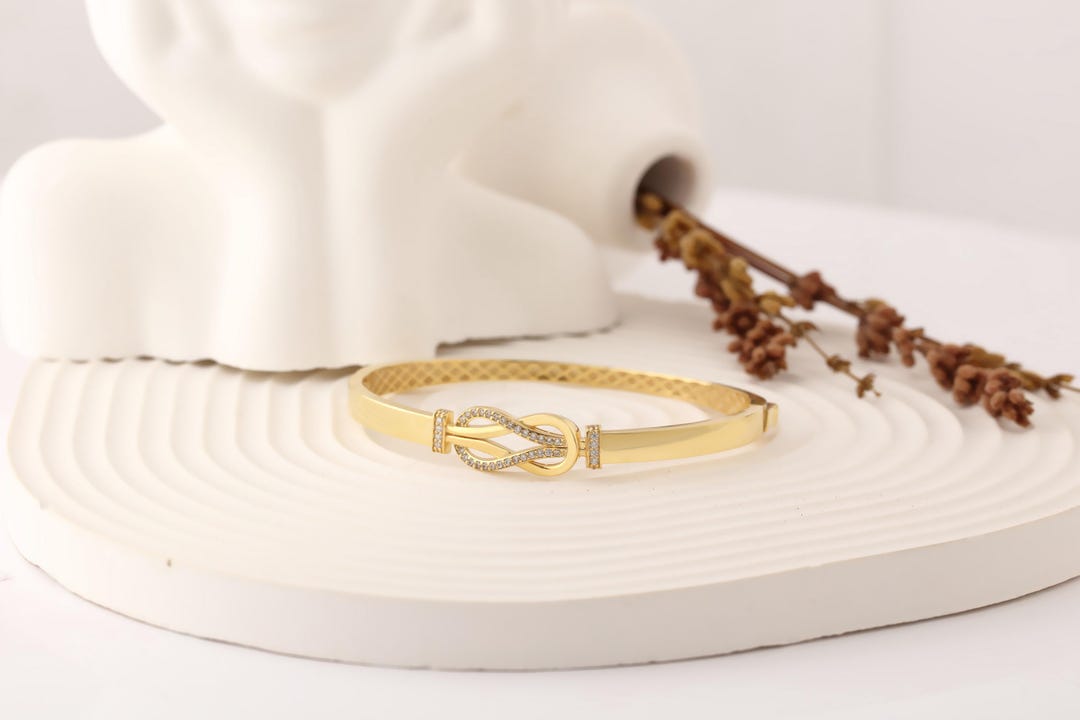14k Solid Gold Infinity Knot Bangle With Zircon Detailing - Etsy