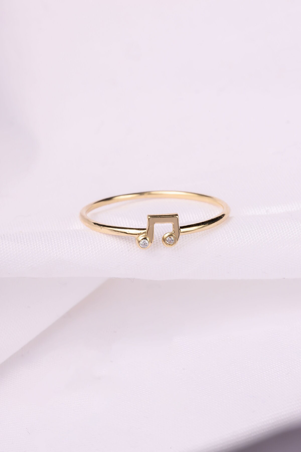 Minimalist 14K Gold Music Note Ring With Tiny Accents, Unique Designer ...
