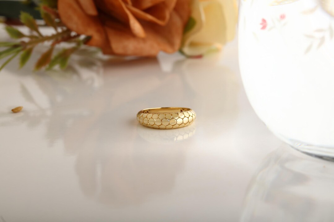 Honeycomb Pattern Gold Ring • 14K Solid Gold Band • Textured Statement ...