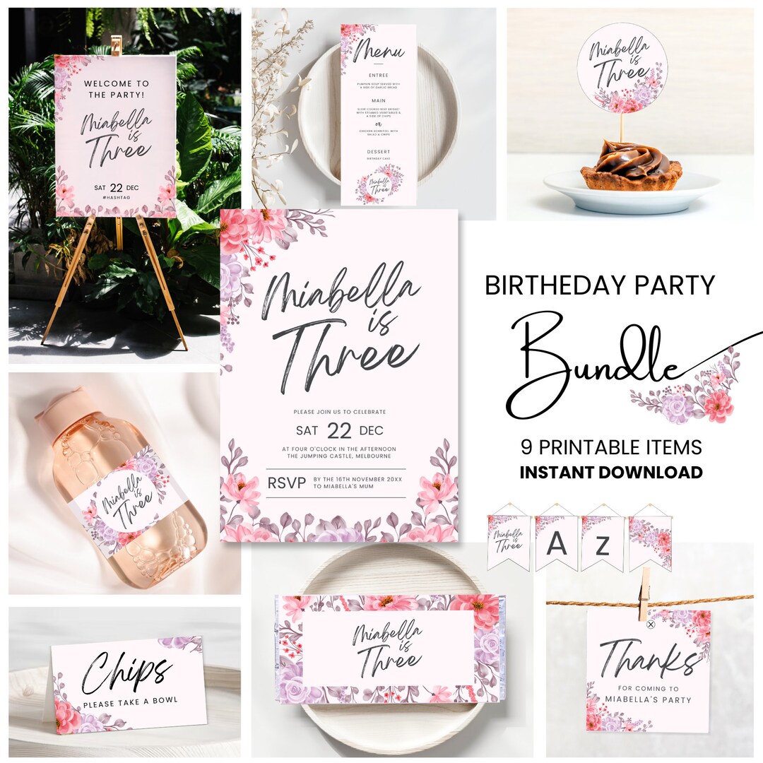 Editable Floral Birthday Party Pack, Modern Flower Birthday Bundle ...