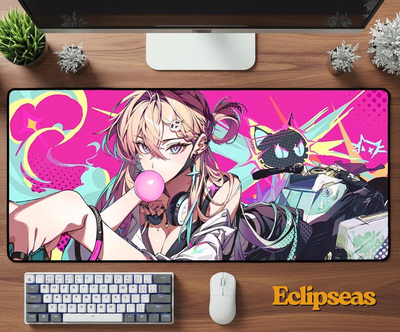 Cute Anime Girl Desk Mat | Bubble Gum Waifu Mouse Pad | Neoprene Office ...