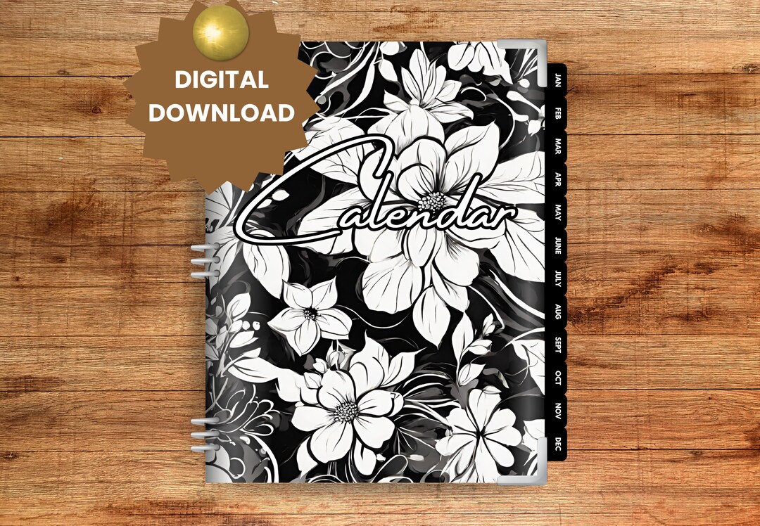 Black and White Floral 12 Month Undated Digital Calendar Hyperlinked ...