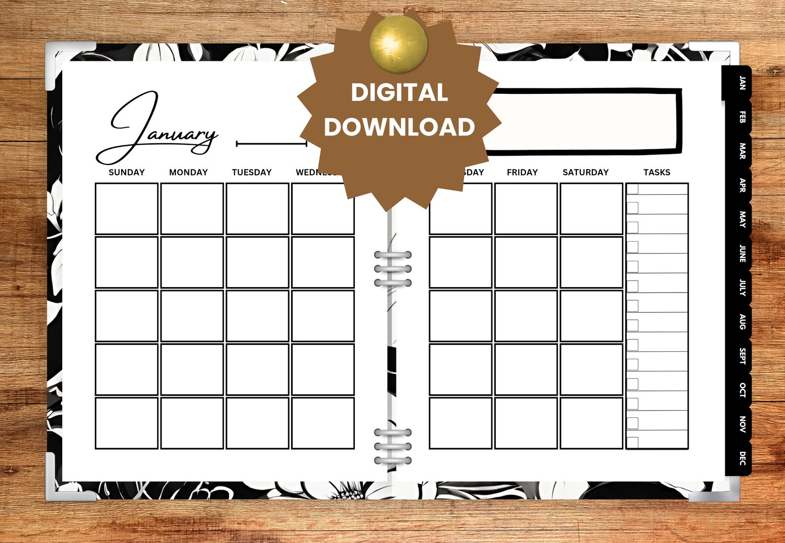 Black and White Floral 12 Month Undated Digital Calendar Hyperlinked ...