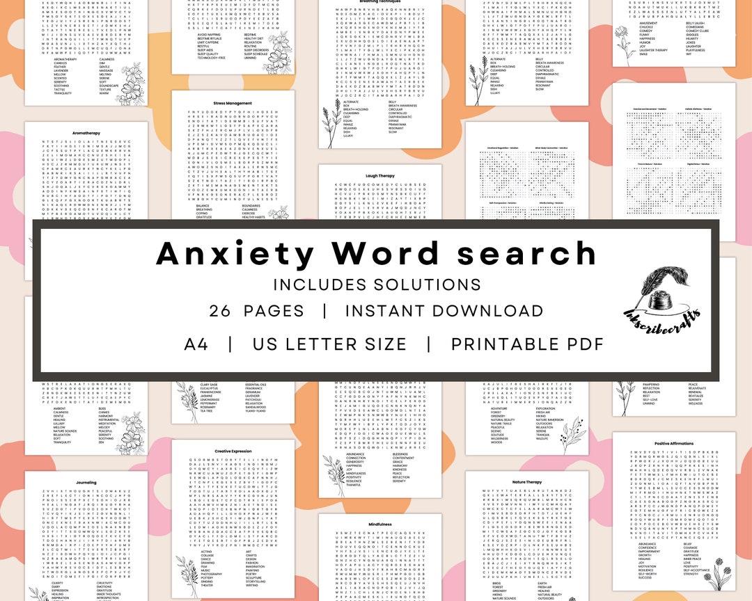 26 Anxiety Relief Word Search Printable Bundle Mental Health Word ...