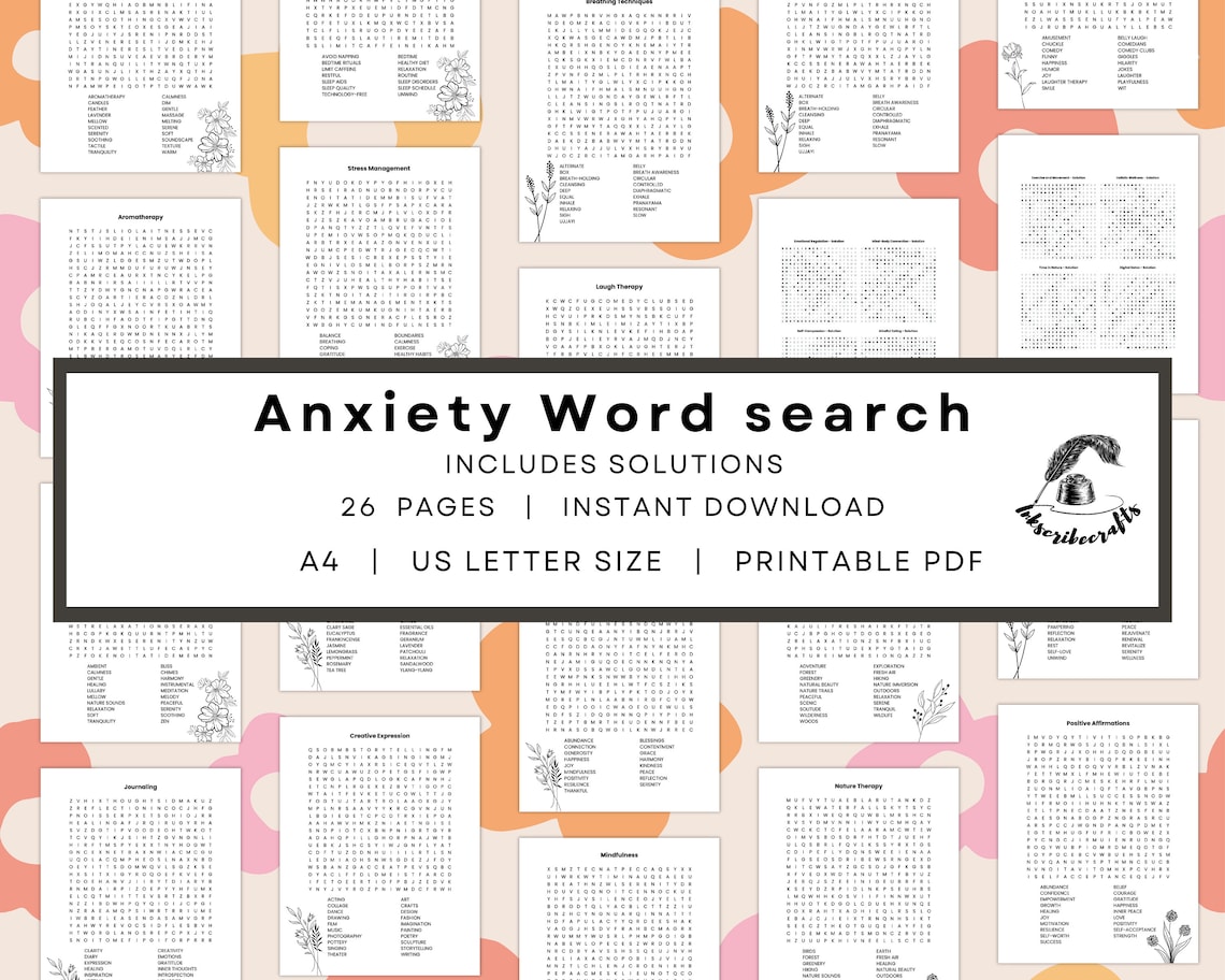 26 Anxiety Relief Word Search Printable Bundle Mental Health Word ...