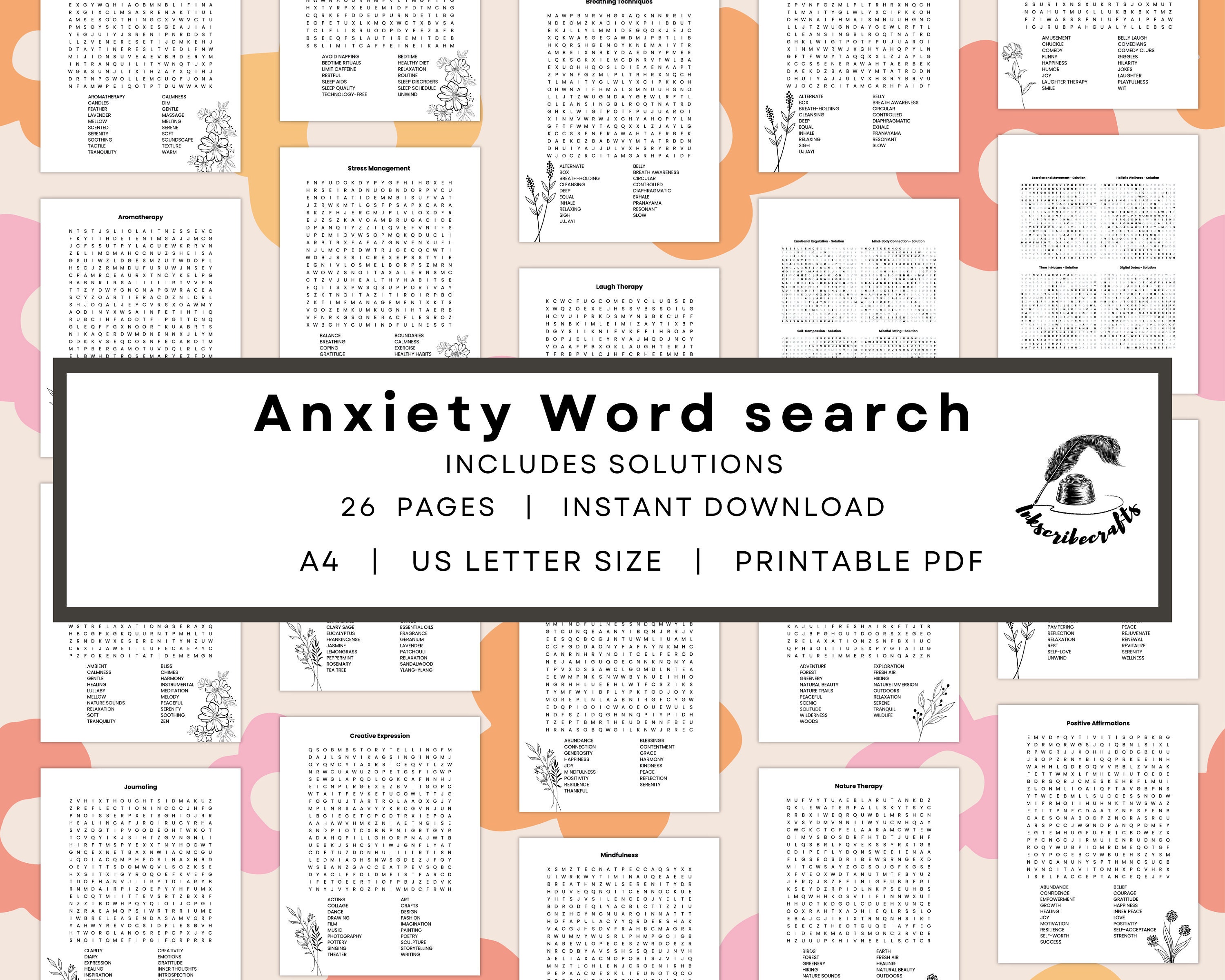 26 Anxiety Relief Word Search Printable Bundle Mental Health Word ...