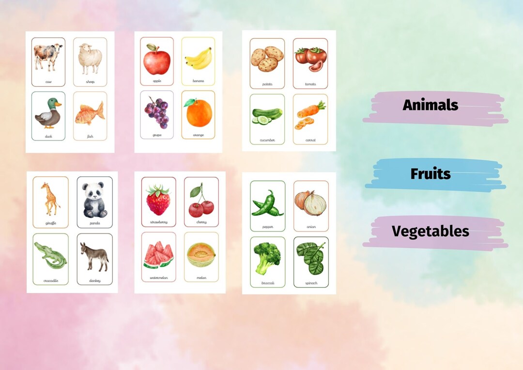 Printable Animals Fruits Vegetables Flash Cards, Montessori, Preschool ...
