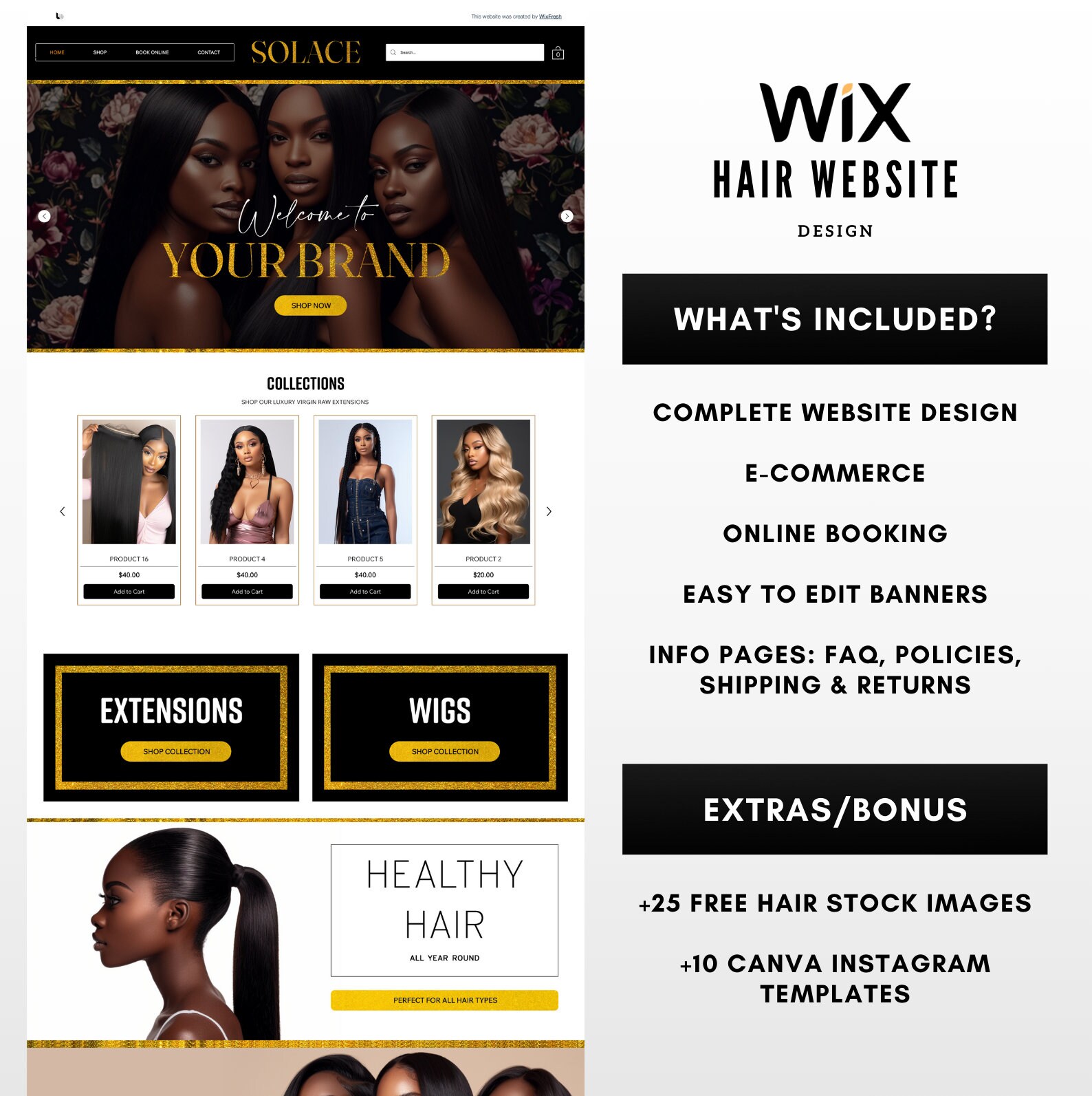 Wix Hair Website Template: Salon & Extensions, Canva Banners - Etsy