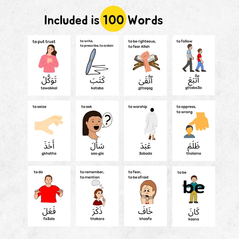 100 Frequently Used Quranic Words Flash Cards, Arabic Quran Learning ...