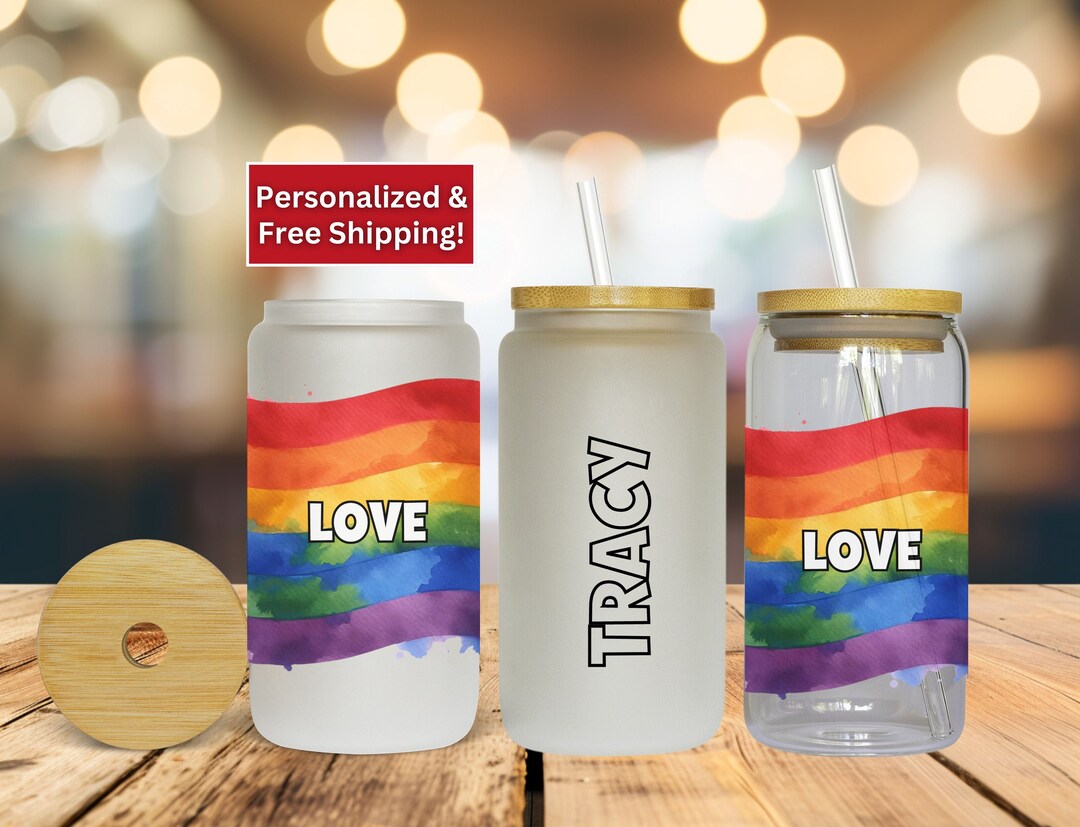 LGBT Pride Glass Can Cup, Travel Cup Gift for Gay Friend, Frosted ...